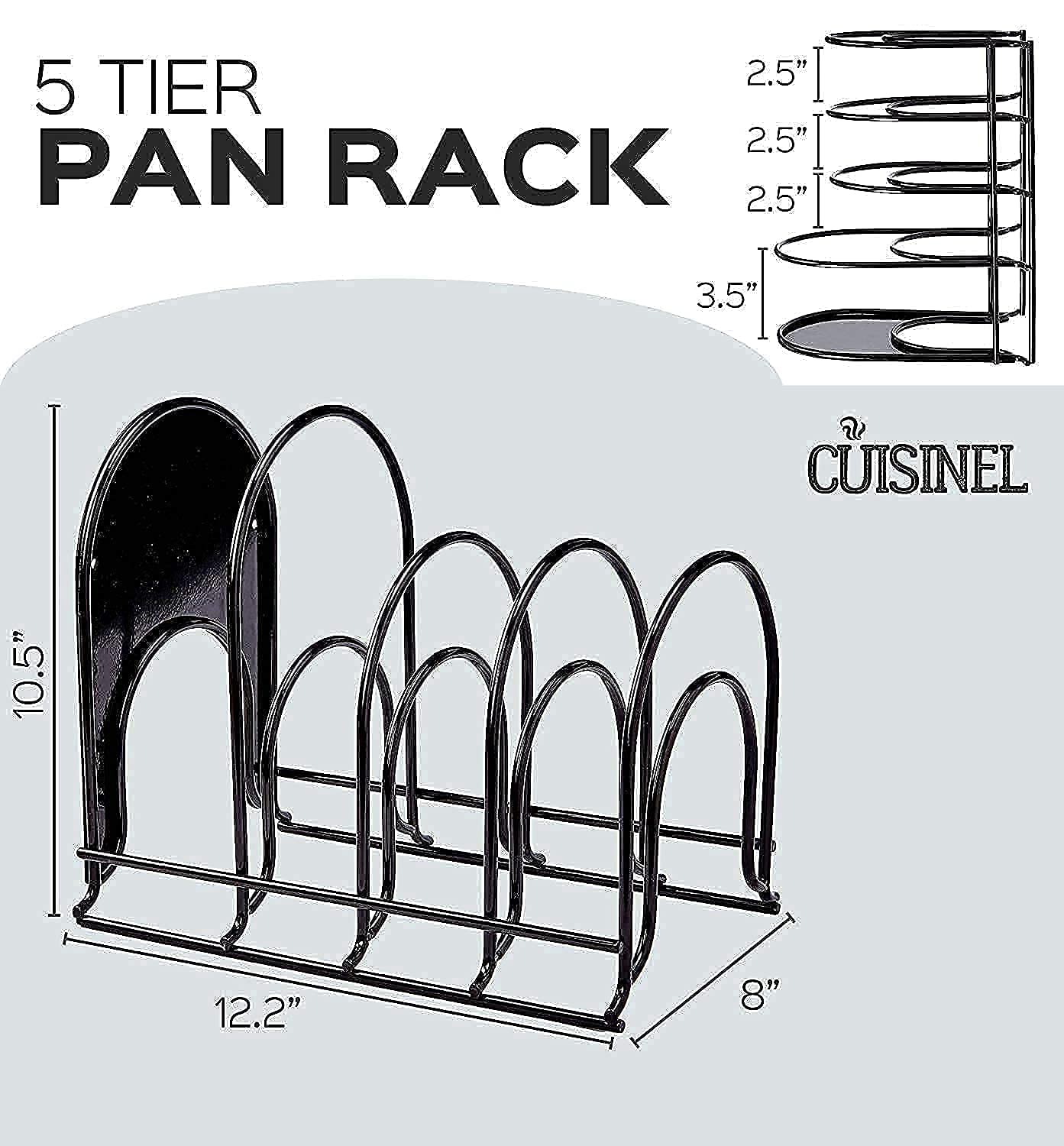 Heavy Duty Pan Organizer - 12" + 15"-Tall - 5 Tier Rack - Holds up to 50 LB - Holds Cast Iron Skillets, Griddles and Shallow Pots - Durable Steel Construction - Kitchen Storage - No Assembly Required