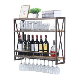 oldrainbow industrial wine racks wall mounted with 8 stem glass holder,rustic metal hanging wine holder,3-tiers wall mount bottle holder glass rack,wood shelves wall shelf (bronze, 31.5in)