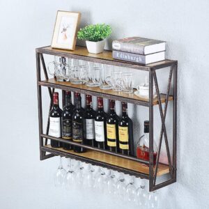 OLDRAINBOW Industrial Wine Racks Wall Mounted with 8 Stem Glass Holder,Rustic Metal Hanging Wine Holder,3-Tiers Wall Mount Bottle Holder Glass Rack,Wood Shelves Wall Shelf (Bronze, 31.5in)