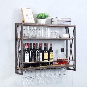 OLDRAINBOW Industrial Wine Racks Wall Mounted with 8 Stem Glass Holder,Rustic Metal Hanging Wine Holder,3-Tiers Wall Mount Bottle Holder Glass Rack,Wood Shelves Wall Shelf (Bronze, 31.5in)