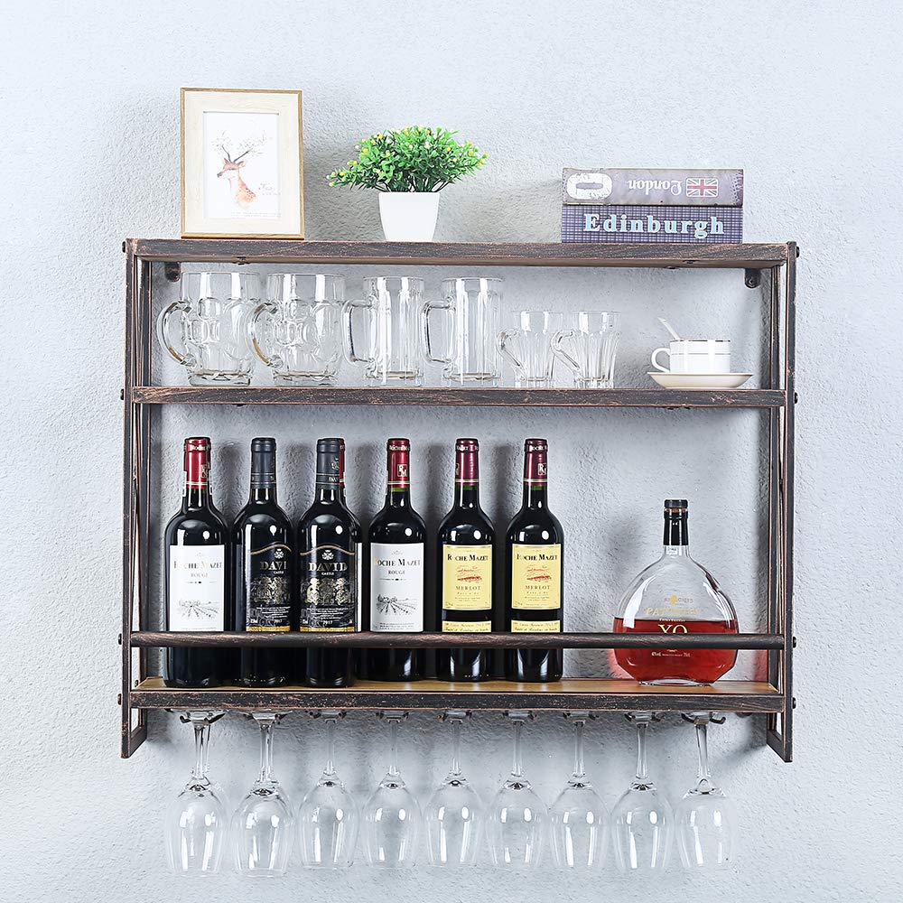 OLDRAINBOW Industrial Wine Racks Wall Mounted with 8 Stem Glass Holder,Rustic Metal Hanging Wine Holder,3-Tiers Wall Mount Bottle Holder Glass Rack,Wood Shelves Wall Shelf (Bronze, 31.5in)