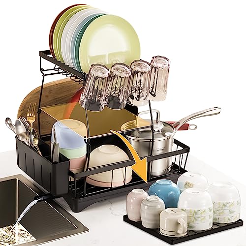 YINGAVERSAI Dish Drying Rack with Drainboard, 3-Tier Dish Racks for Kitchen Counter, Large Capacity 2 Tier Dish Drainer Set with Utensils Holder, Cup Holder, Chopping Block Rack Black Dish Dryer Rack