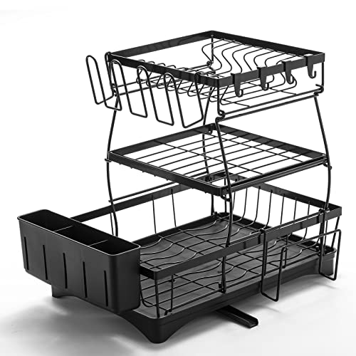 YINGAVERSAI Dish Drying Rack with Drainboard, 3-Tier Dish Racks for Kitchen Counter, Large Capacity 2 Tier Dish Drainer Set with Utensils Holder, Cup Holder, Chopping Block Rack Black Dish Dryer Rack