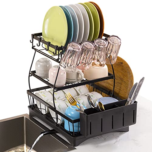 YINGAVERSAI Dish Drying Rack with Drainboard, 3-Tier Dish Racks for Kitchen Counter, Large Capacity 2 Tier Dish Drainer Set with Utensils Holder, Cup Holder, Chopping Block Rack Black Dish Dryer Rack