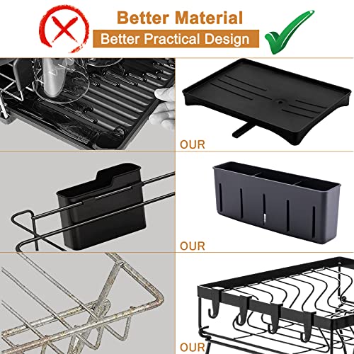 YINGAVERSAI Dish Drying Rack with Drainboard, 3-Tier Dish Racks for Kitchen Counter, Large Capacity 2 Tier Dish Drainer Set with Utensils Holder, Cup Holder, Chopping Block Rack Black Dish Dryer Rack