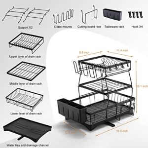 YINGAVERSAI Dish Drying Rack with Drainboard, 3-Tier Dish Racks for Kitchen Counter, Large Capacity 2 Tier Dish Drainer Set with Utensils Holder, Cup Holder, Chopping Block Rack Black Dish Dryer Rack