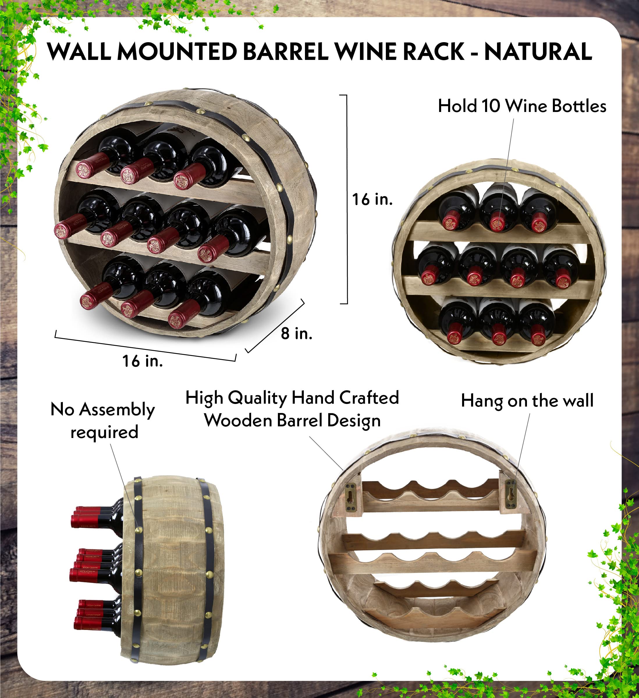 CoTa Global Barrell Wine Rack - Natural Wood Industrial Wall Mounted Barrel Wine Holder for 10 Wine Bottles, Decorative Wall Mounted Bottle Rack, Rustic Wall Wine Storage Shelf Organizer for Wine Bar