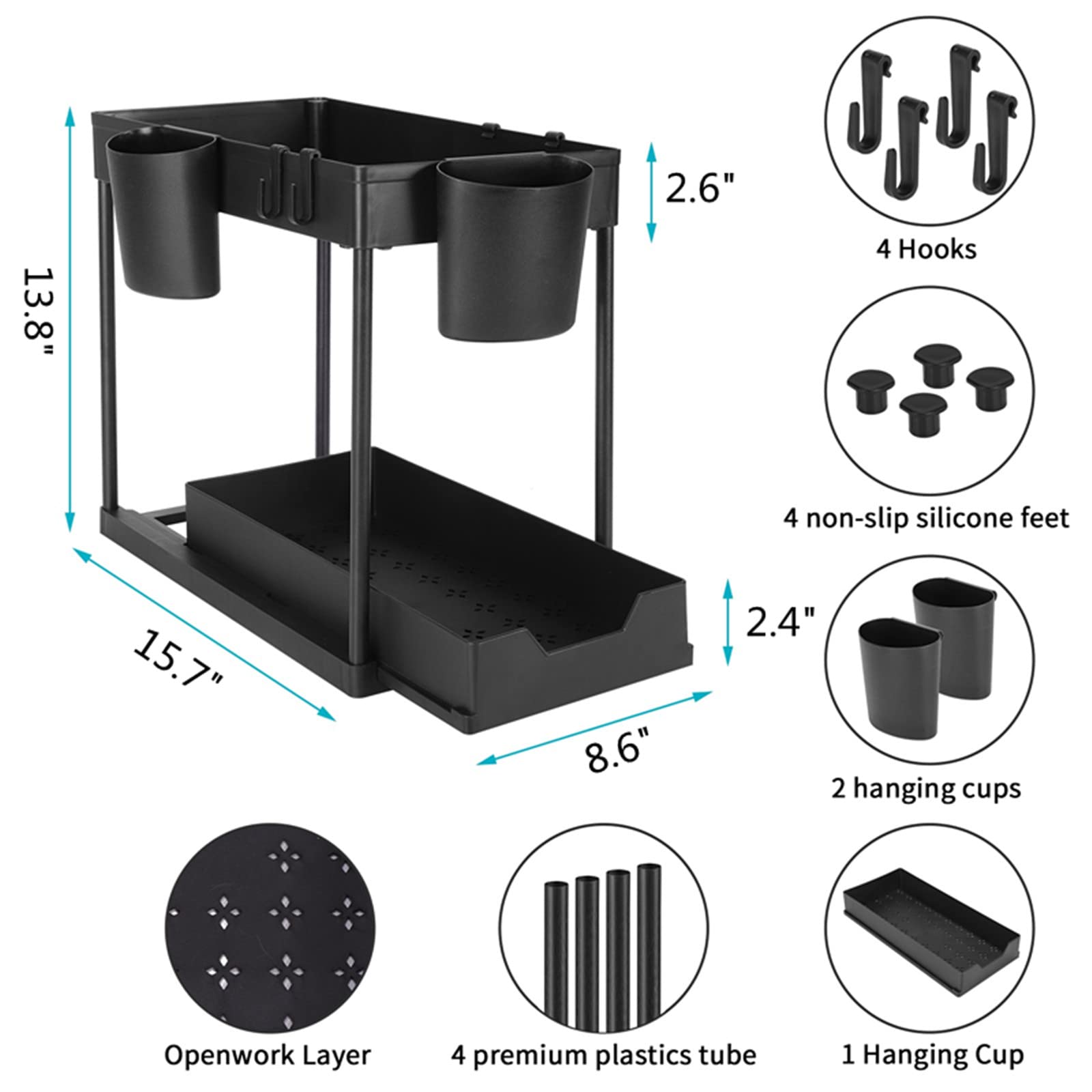 Jianyana Under Sink Storage and Organizer, Black Under Bathroom Cabinet Organizer with Hooks Hanging Cup Slide Drawers,2-tier Multi-purpose Large Capacity Kitchen Storage Shelf