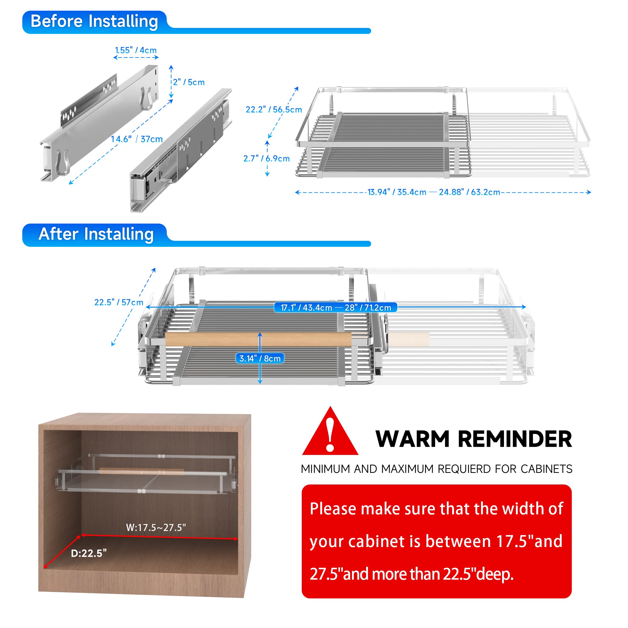 Pull Out Cabinet Organizer, 17.1~28"W x 22.5"D Expandable Pull Out Shelves for Kitchen Cabinets, Heavy Duty Metal Slide Out Pantry Shelves Sliding Shelf for Home Kitchen,Under Sink,Bathroom,Wardrobe