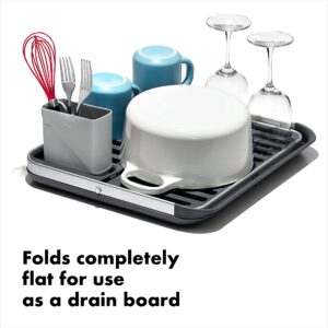 OXO Good Grips Aluminum Fold Flat Dish Drying Rack, 2-Tier, with Drainboard, for Kitchen Counter, Collapsible Good Grips Aluminum Frame Bottle Drying Rack