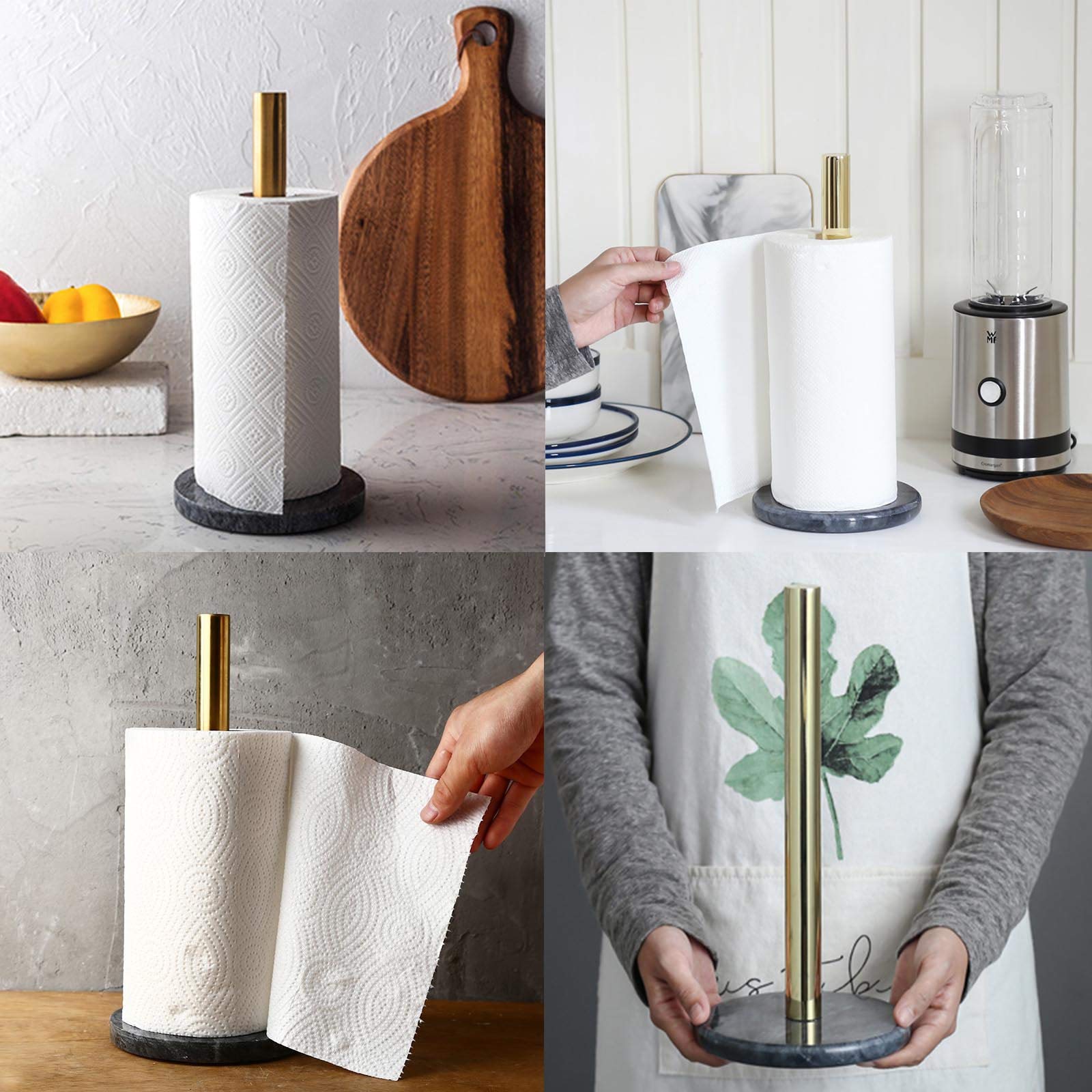 SING F LTD Industrial Vertical Tube Paper Towel Holder Countertop for Kitchen and Bathroom Black Marble Brass Storage