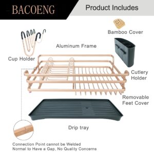 BACOENG Aluminum Dish Drying Rack,Never Rust Dish Rack with Removable Cutlery Holder & Cup Holder, 360° Swivel Spout Drain Board,Gold