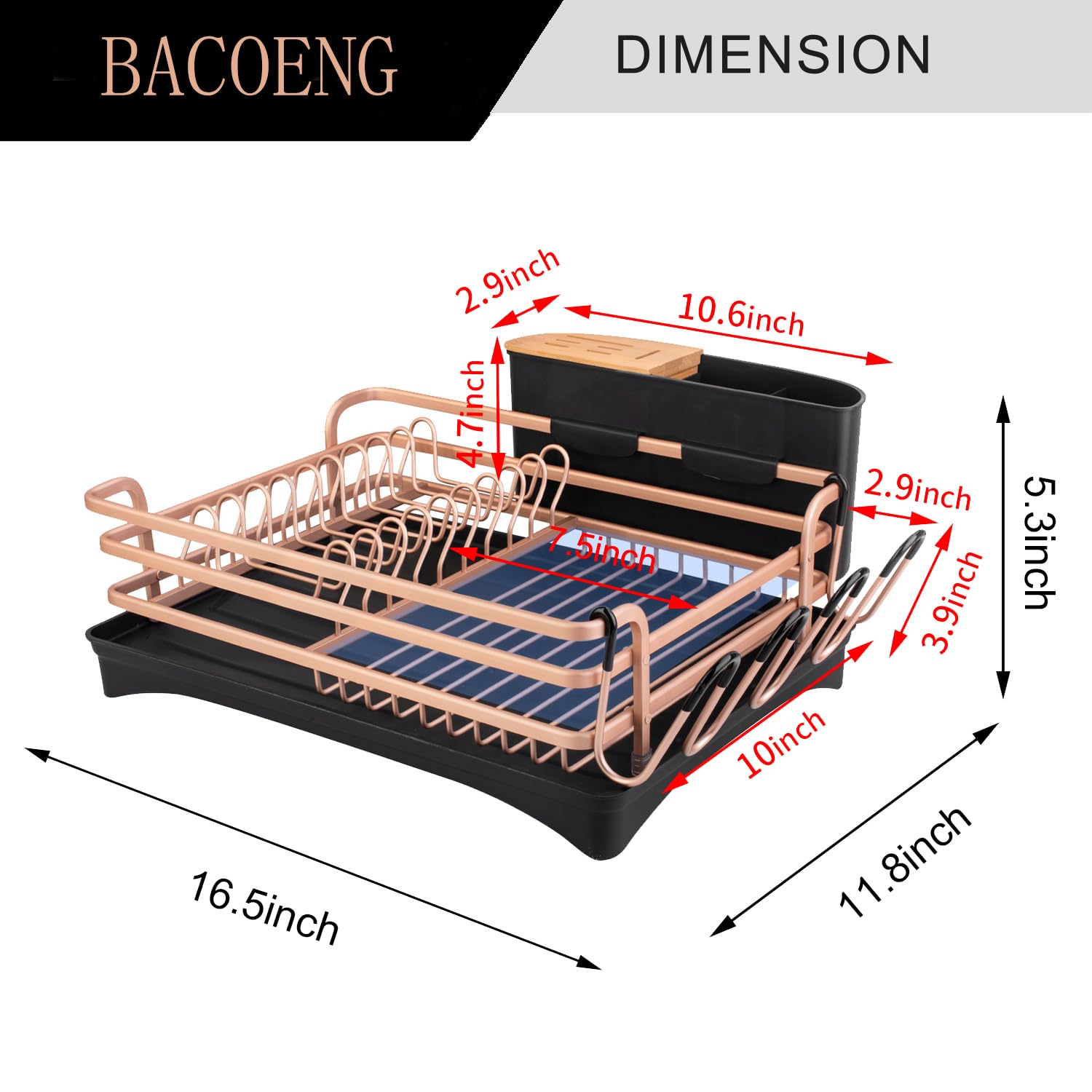 BACOENG Aluminum Dish Drying Rack,Never Rust Dish Rack with Removable Cutlery Holder & Cup Holder, 360° Swivel Spout Drain Board,Gold