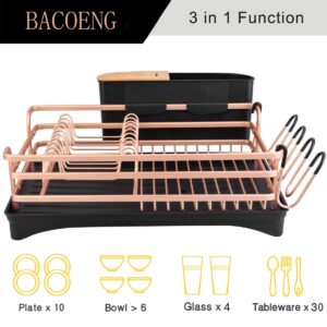 BACOENG Aluminum Dish Drying Rack,Never Rust Dish Rack with Removable Cutlery Holder & Cup Holder, 360° Swivel Spout Drain Board,Gold