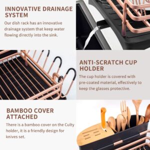 BACOENG Aluminum Dish Drying Rack,Never Rust Dish Rack with Removable Cutlery Holder & Cup Holder, 360° Swivel Spout Drain Board,Gold