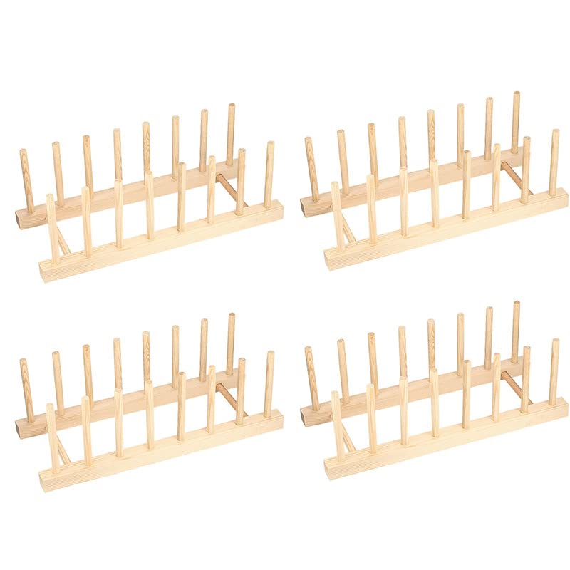 MUNTICO Bamboo Wood Dish Rack for Kitchen Cabinet, Dishes, Books, Wine Glass, Chopping Board Holder, Dish Drainer for Kitchen, Counter (Pack of 4)