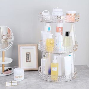 ROWNYEON Rotating Makeup Organizer 3 Tier Makeup Carousel with Handle, Bathroom Organizer Diamond Texture Perfume Organizer Spinning Cosmetics Organizer for Vanity, Pantry, Countertops, Kitchen