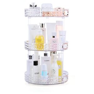 rownyeon rotating makeup organizer 3 tier makeup carousel with handle, bathroom organizer diamond texture perfume organizer spinning cosmetics organizer for vanity, pantry, countertops, kitchen