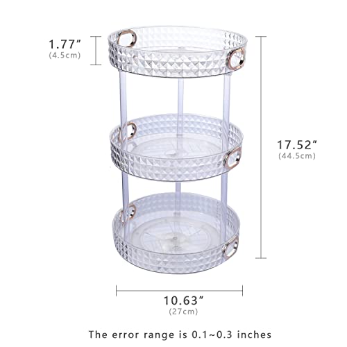 ROWNYEON Rotating Makeup Organizer 3 Tier Makeup Carousel with Handle, Bathroom Organizer Diamond Texture Perfume Organizer Spinning Cosmetics Organizer for Vanity, Pantry, Countertops, Kitchen