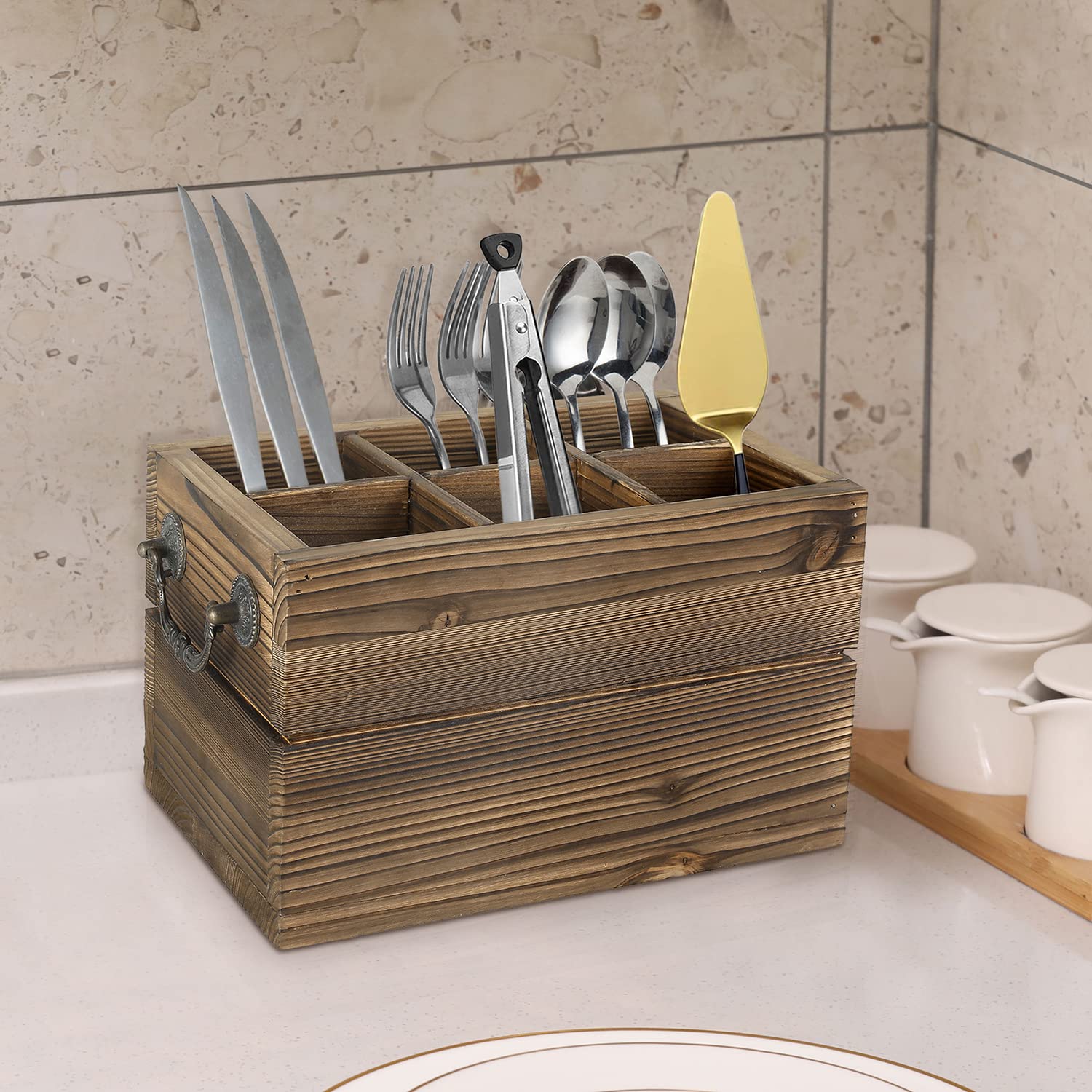 MyGift Rustic Burnt Wood Flatware Holder and Utensil Caddy Storage Carrier with 6 Slots and Vintage Metal Side Handles