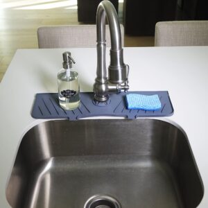 Premium 34” x 22” Under Sink Mat with Bonus Faucet Splash Guard: Waterproof Silicone Kitchen Sink Mat with Drain Hole - Rubber Mat Cabinet Protector, Anti-Slip, and Waterproof Kitchen Cabinet Liner