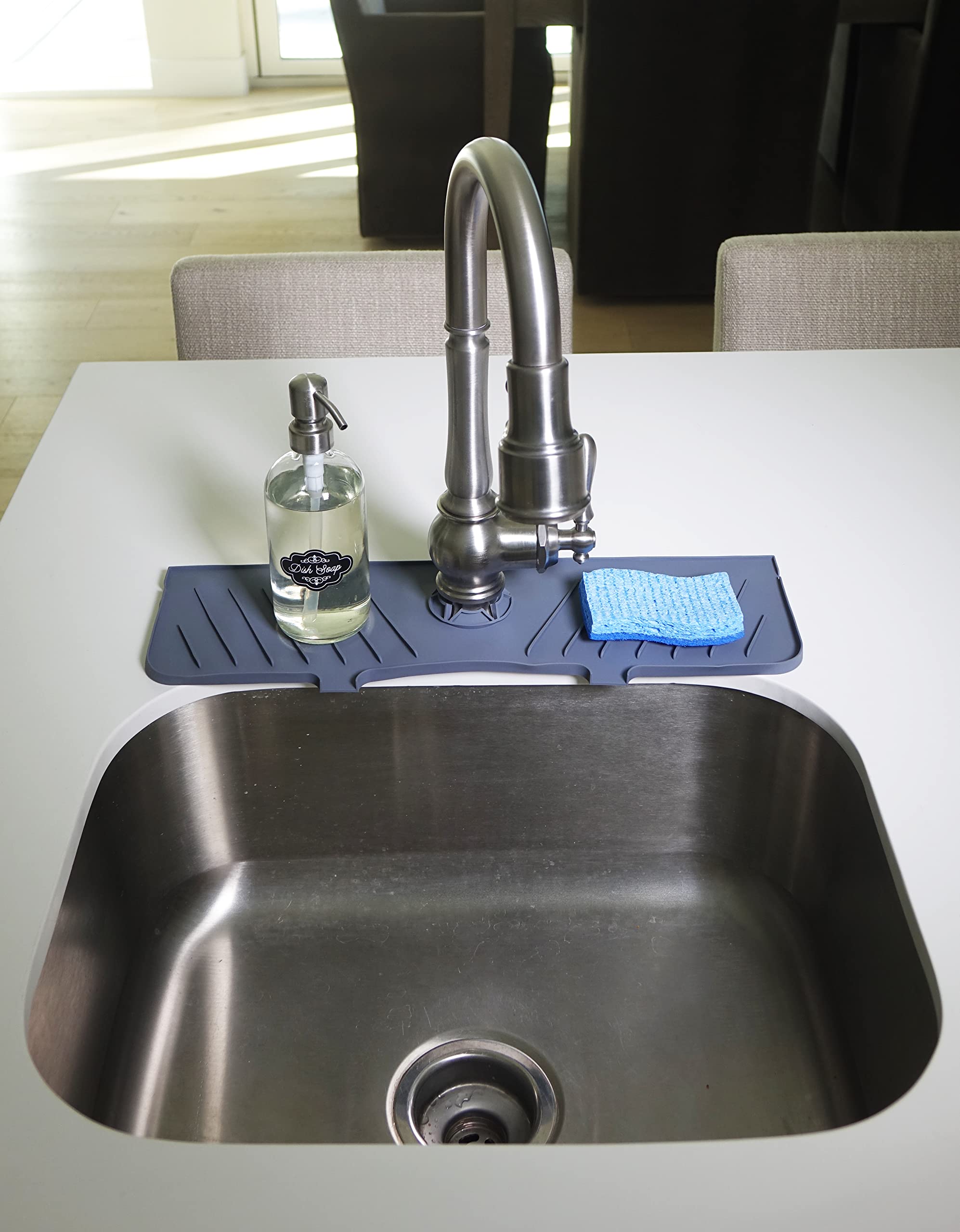 Premium 34” x 22” Under Sink Mat with Bonus Faucet Splash Guard: Waterproof Silicone Kitchen Sink Mat with Drain Hole - Rubber Mat Cabinet Protector, Anti-Slip, and Waterproof Kitchen Cabinet Liner