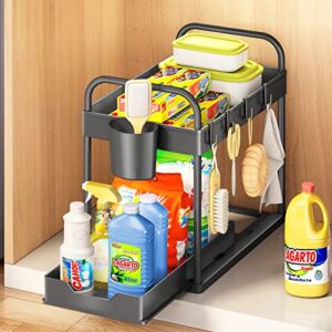 pxrack 2-tier under sink organizer, sliding under bathroom cabinet storage drawer basket organizer rack with hooks, hanging cup, handles, under sink shelf organizer for bathroom, kitchen