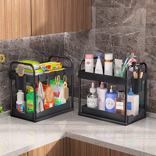 PXRACK 2-Tier Under Sink Organizer, Sliding Under Bathroom Cabinet Storage Drawer Basket Organizer Rack with Hooks, Hanging Cup, Handles, Under Sink Shelf Organizer for Bathroom, Kitchen