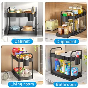 PXRACK 2-Tier Under Sink Organizer, Sliding Under Bathroom Cabinet Storage Drawer Basket Organizer Rack with Hooks, Hanging Cup, Handles, Under Sink Shelf Organizer for Bathroom, Kitchen