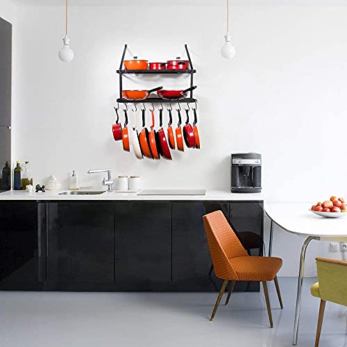 BERTY·PUYI Hanging Rack Mounted Kitchen Pot Rack for Kitchen Storage and Organization Matte Black 2 Tier Wall Shelf for Pots and Pans with 12 Hooks