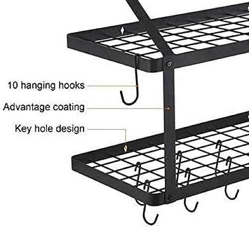 BERTY·PUYI Hanging Rack Mounted Kitchen Pot Rack for Kitchen Storage and Organization Matte Black 2 Tier Wall Shelf for Pots and Pans with 12 Hooks