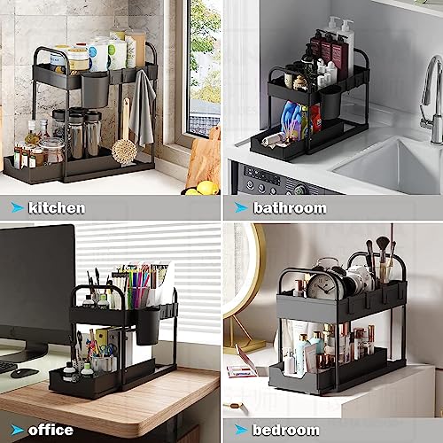 [2 Pack] Adjustable Height Under Sink Organizers and Storage, 2-Tier Cabinet Organizer With Hooks, Hanging Cup, Handles, Organization and Storage for Kitchen Sink Bathroom, Four gears height Fodayuse