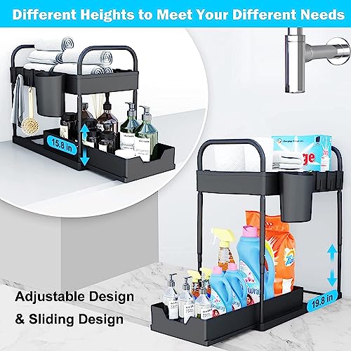 [2 Pack] Adjustable Height Under Sink Organizers and Storage, 2-Tier Cabinet Organizer With Hooks, Hanging Cup, Handles, Organization and Storage for Kitchen Sink Bathroom, Four gears height Fodayuse