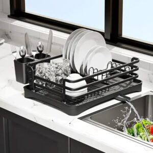 1pc Dish Drying Rack, Space-Saving Dish Rack, Dish Racks for Kitchen Counter, Durable Stainless Steel Kitchen Drying Rack with A Cutlery Holder, Drying Rack for Dishes, Knives, Spoons, and Forks