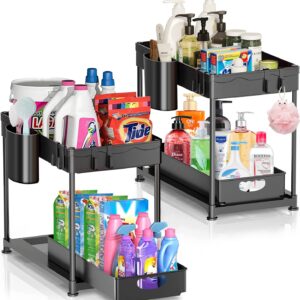 Under Sink Organizer and Storage, 2 Tier Pull Out Bathroom Cabinet Organizer, Bathroom Organizer Under Sink Basket with Hooks and Hanging Cups, Kitchen Bathroom Multipurpose Storage Rack(Black, 2)