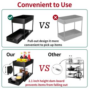 Under Sink Organizer and Storage, 2 Tier Pull Out Bathroom Cabinet Organizer, Bathroom Organizer Under Sink Basket with Hooks and Hanging Cups, Kitchen Bathroom Multipurpose Storage Rack(Black, 2)