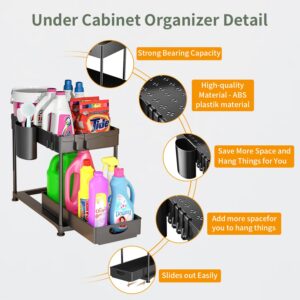 Under Sink Organizer and Storage, 2 Tier Pull Out Bathroom Cabinet Organizer, Bathroom Organizer Under Sink Basket with Hooks and Hanging Cups, Kitchen Bathroom Multipurpose Storage Rack(Black, 2)