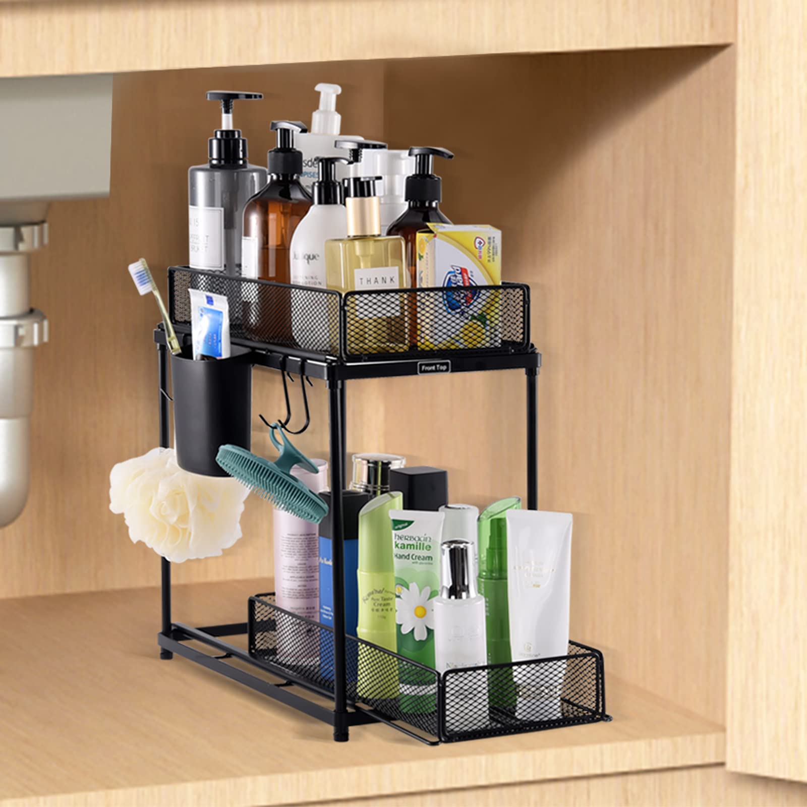 UHIAGREE Under Sink Organizers and Storage, 2 Tier Under the Sink Organizer with Pull out Sliding Drawers, Under Kitchen Sink Organizers and Storage with Hooks Hanging Cup for Kitchen Bathroom