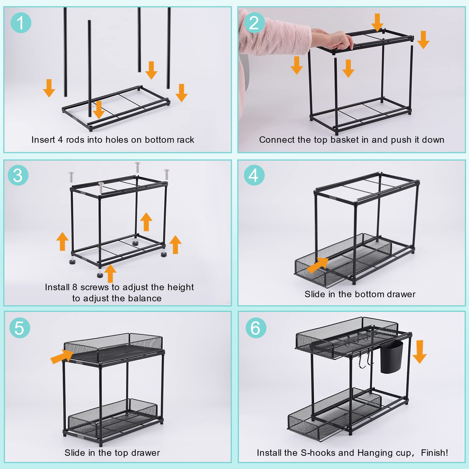 UHIAGREE Under Sink Organizers and Storage, 2 Tier Under the Sink Organizer with Pull out Sliding Drawers, Under Kitchen Sink Organizers and Storage with Hooks Hanging Cup for Kitchen Bathroom