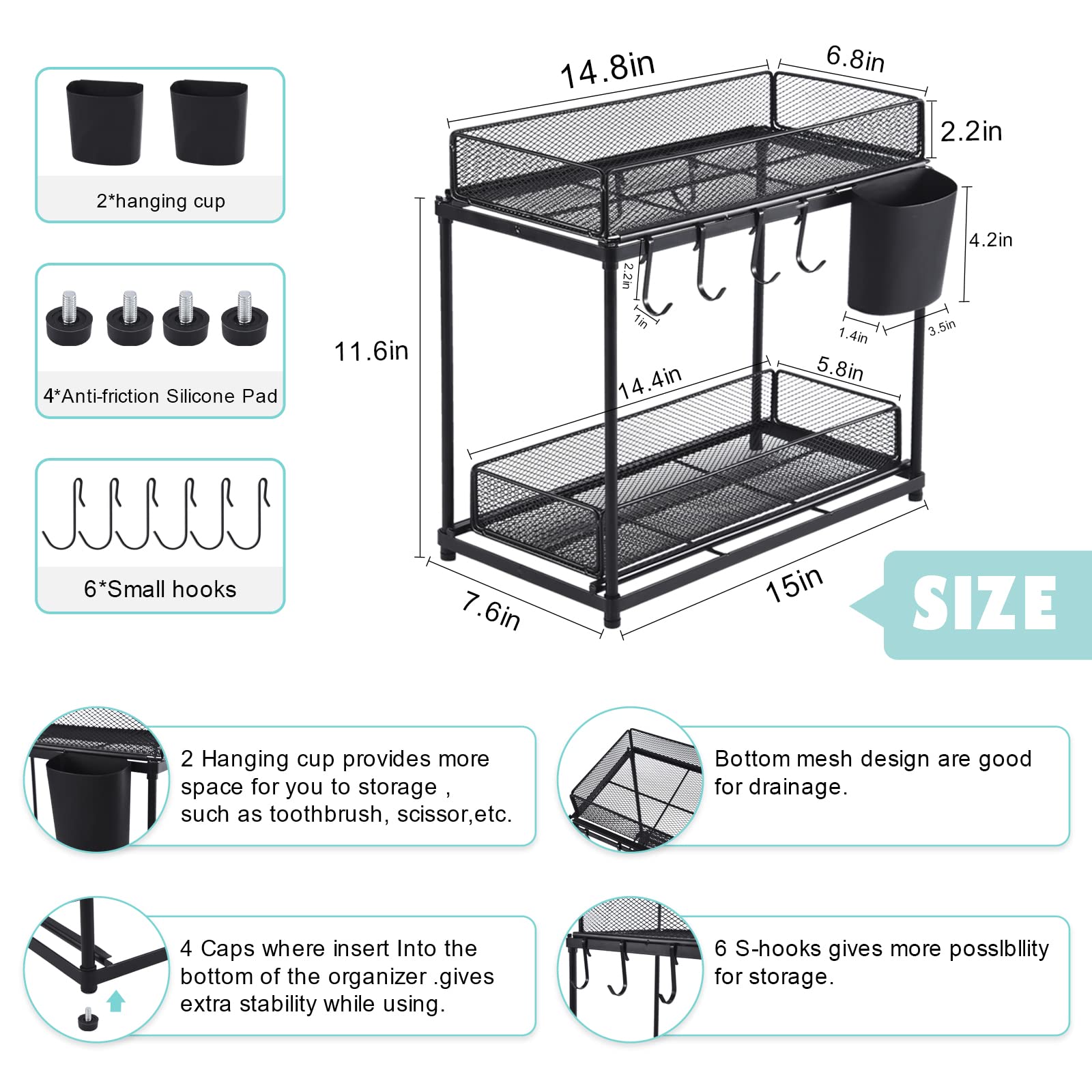 UHIAGREE Under Sink Organizers and Storage, 2 Tier Under the Sink Organizer with Pull out Sliding Drawers, Under Kitchen Sink Organizers and Storage with Hooks Hanging Cup for Kitchen Bathroom