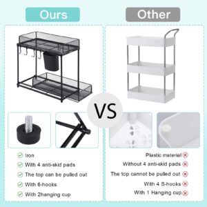 UHIAGREE Under Sink Organizers and Storage, 2 Tier Under the Sink Organizer with Pull out Sliding Drawers, Under Kitchen Sink Organizers and Storage with Hooks Hanging Cup for Kitchen Bathroom