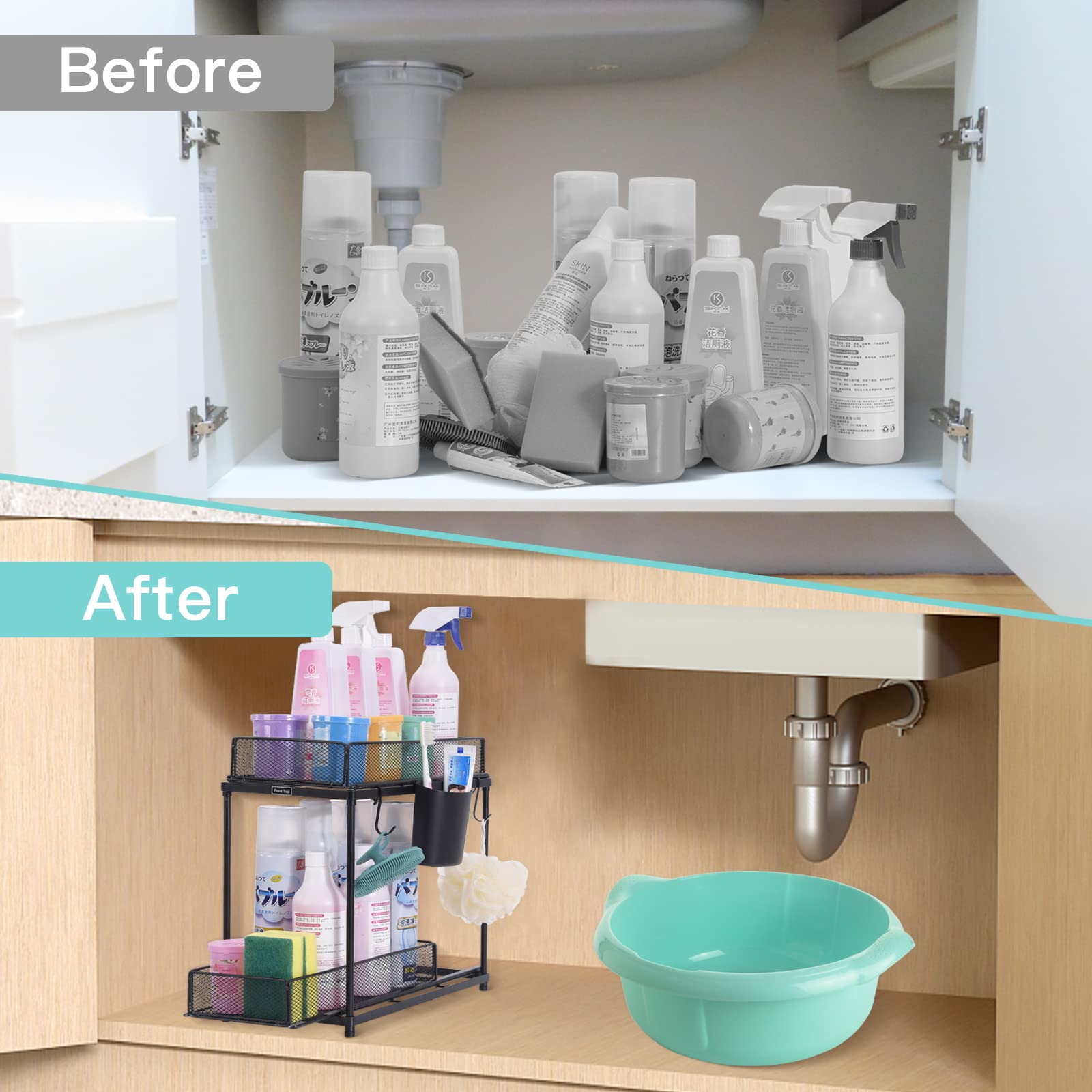 UHIAGREE Under Sink Organizers and Storage, 2 Tier Under the Sink Organizer with Pull out Sliding Drawers, Under Kitchen Sink Organizers and Storage with Hooks Hanging Cup for Kitchen Bathroom