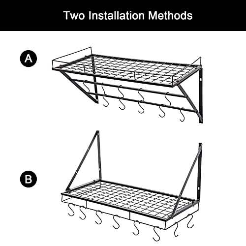 FLRH Kitchen Wall Mounted Pot Rack, 23.6 Inch Metal Kitchen Storage Shelf, 2 Tier Hanging Rails with 10 Hooks Floating Shelves (Black)