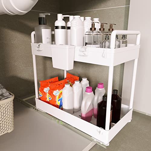 DonYeco Under Sink Organizer, 2 Tier Bathroom Storage Rack, Under-Mount Sliding Drawer Slides，White