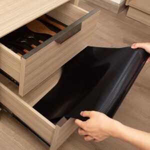 SinhRinh Drawer and Shelf Liner, 17.5IN x 20FT Non Slip Non Adhesive Cabinet Liner for Kitchen and Desk - Black Ribbed