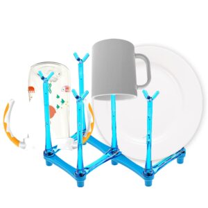 PCTC Retractable Cup Drying Rack, Drinking Glass and Sports Bottle Drainer Stand, Plastic Bag Dryer and Mug Tree with Non-Slip Bottom for Kitchen Countertop (Blue)