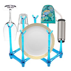 PCTC Retractable Cup Drying Rack, Drinking Glass and Sports Bottle Drainer Stand, Plastic Bag Dryer and Mug Tree with Non-Slip Bottom for Kitchen Countertop (Blue)