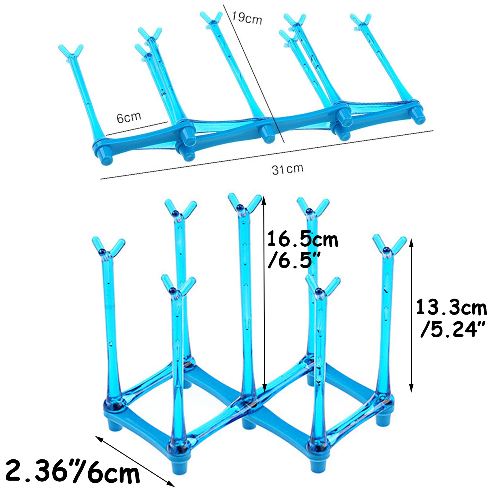 PCTC Retractable Cup Drying Rack, Drinking Glass and Sports Bottle Drainer Stand, Plastic Bag Dryer and Mug Tree with Non-Slip Bottom for Kitchen Countertop (Blue)