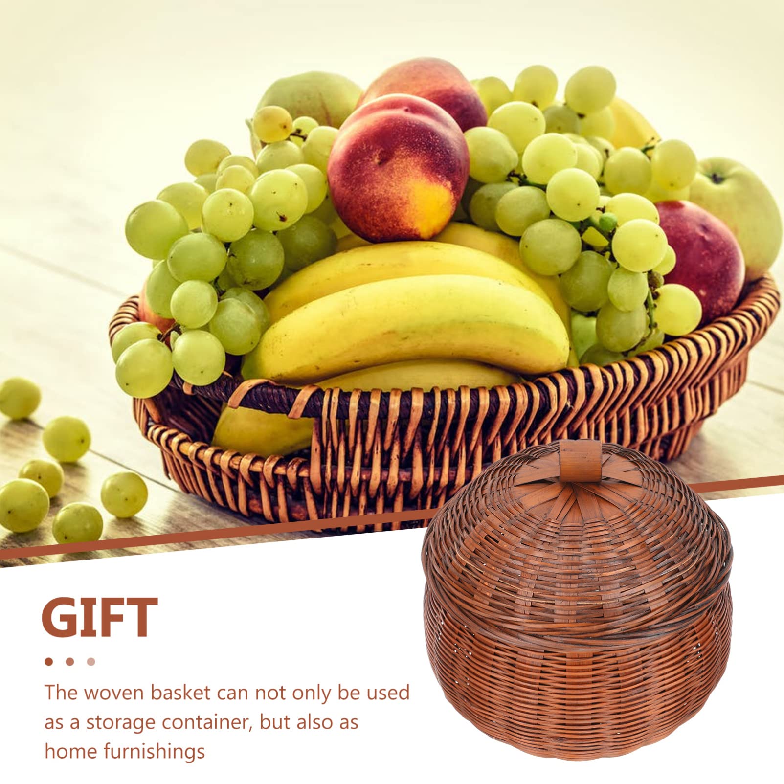 Cabilock Wicker Woven Basket Mini Rattan Storage Basket Pumpkin Shaped Round Rattan Boxes with Lid Hand- Woven Organizer Bin Pot Container for Snacks Gobang Chess Egg Fruit