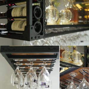 KEPMOGOH Ceiling Wine Glass Rack, Hanging Wine Rack with Glass Holder and Shelf, Metal Ceiling Shelf with Guardrails, Goblet Stemware Racks, Black Metal Ceiling Shelf for Bar Cafe Kitchen (100cm)